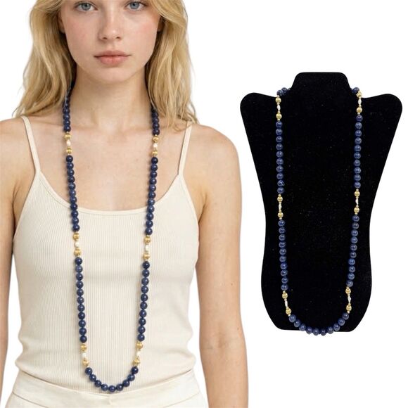 Unbranded | Jewelry | Vintage Lapis Lazuli Rice Pearl Necklace Sterling ...